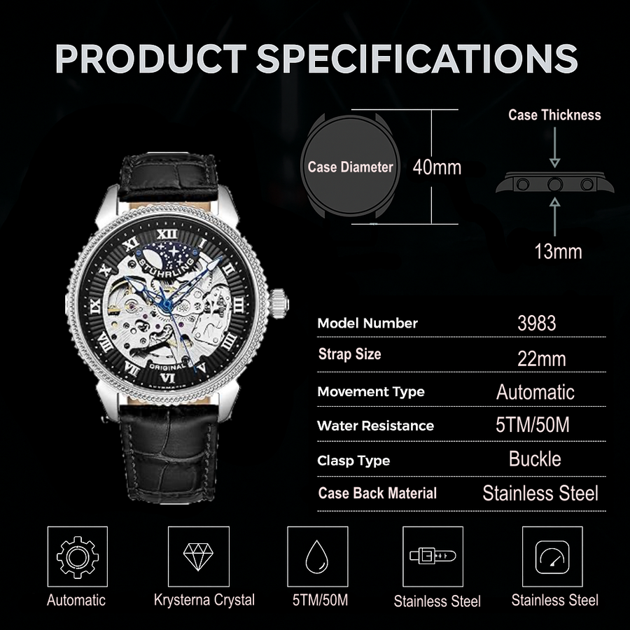Special Reserve 3983 Automatic 40mm Skeleton Watch| Stührling
